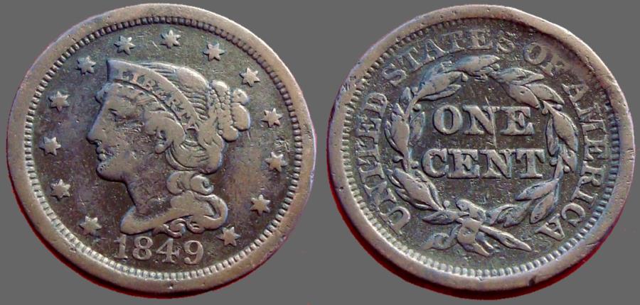 United States braided hair AE27 1 Cent. 1849 | Half Cents