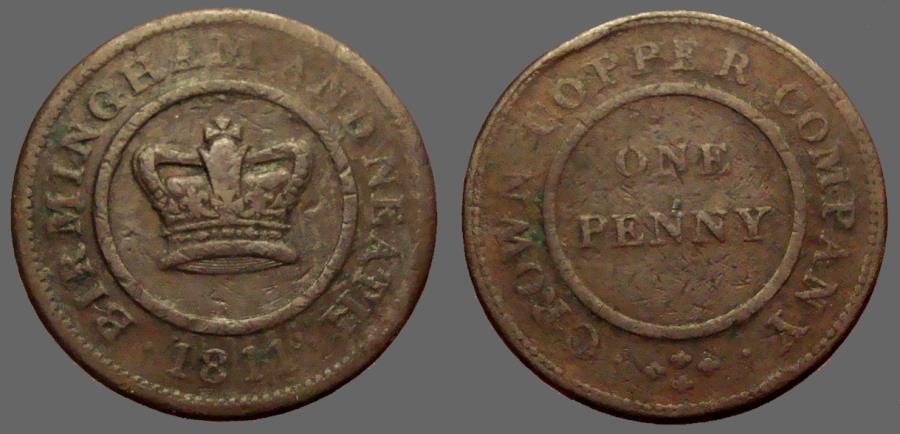 Great Britain, 1811 AE35 Penny Token Crown Copper Company, Birmingham