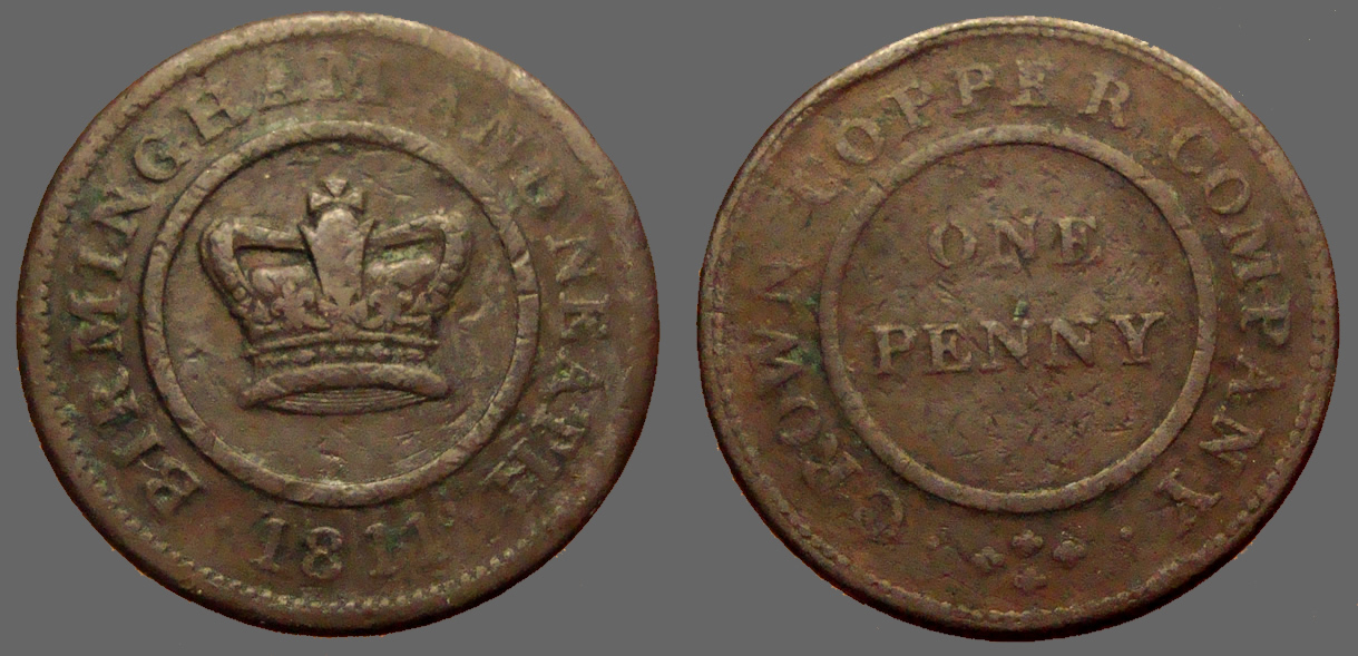 Great Britain, 1811 AE35 Penny Token Crown Copper Company, Birmingham