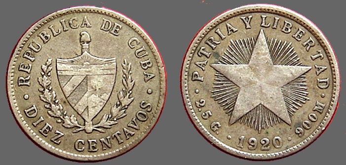 Cuba AR 10 Cent Coat of Arms / 5 point star. 1920 Silver | North ...