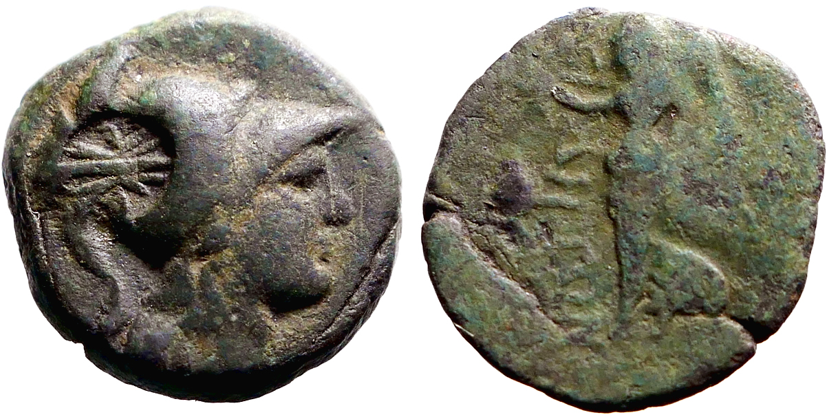 Pamphylia. Side AE13 Athena / Nike. Thunderbolt countermark | Ancient Coins