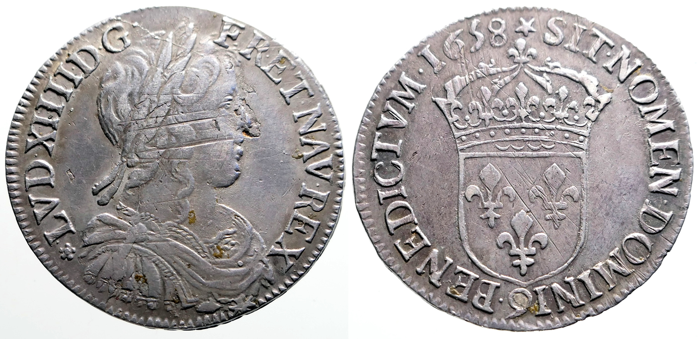 France. Louis XIV AR32 1/2 Écu with long wick. 1658 | European Coins