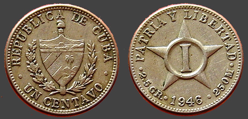 Cuba AR 1 Cent Coat of Arms / 5 point star. 1946 | North & Central ...