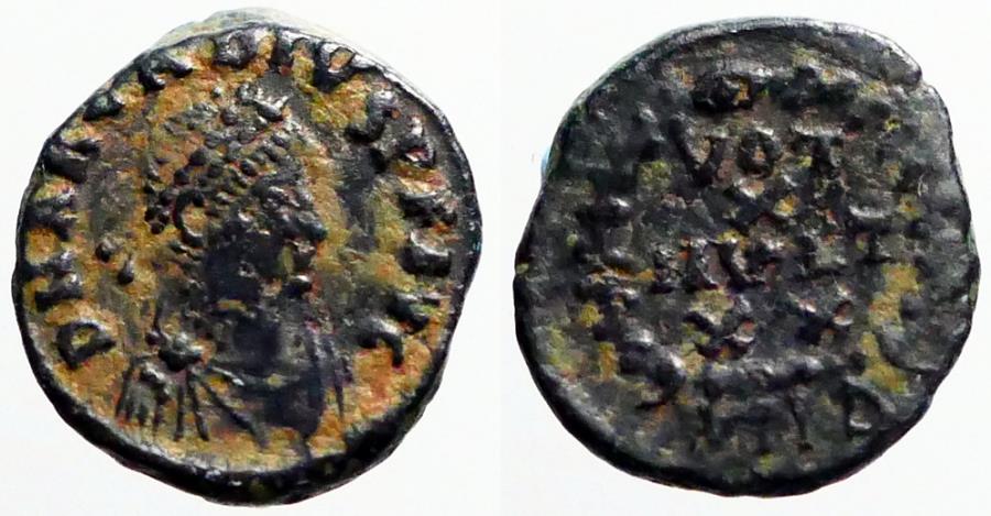 Arcadius AE4 Vows in wreath. VOT/X/MVLT/XX. Antioch mint | Roman ...