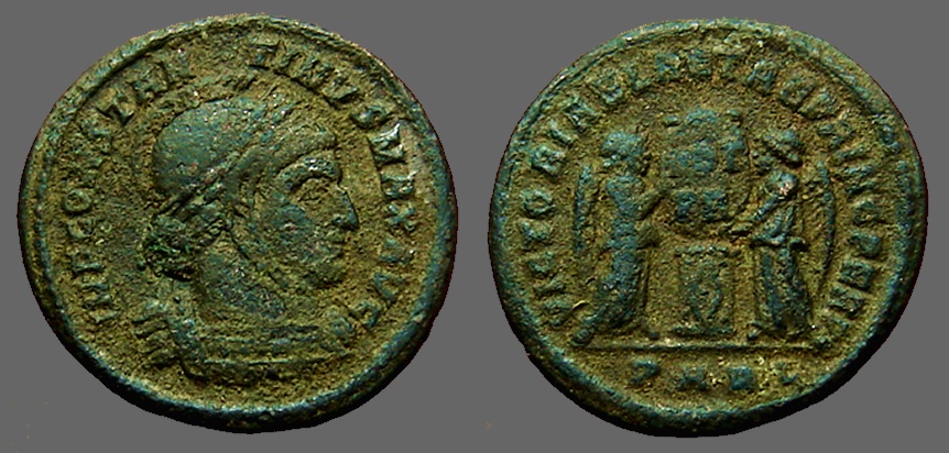 Constantine I AE3 Helmeted bust rt / Victories holding shield w. VOT PR ...