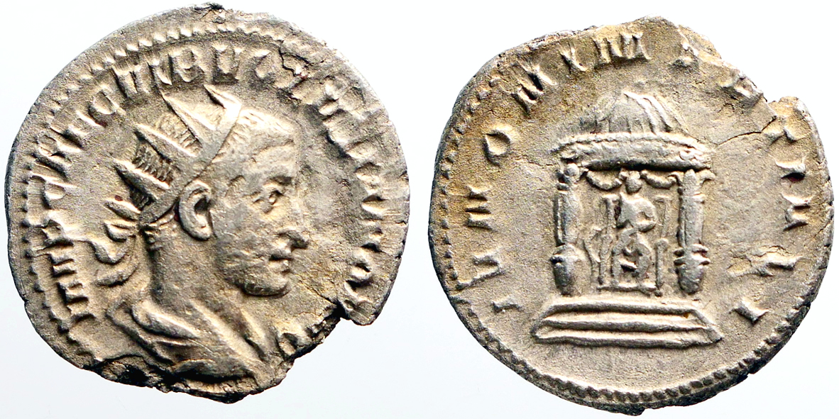 Volusian AR22 Antoninianus. Temple of Juno. Rome | Roman Imperial Coins
