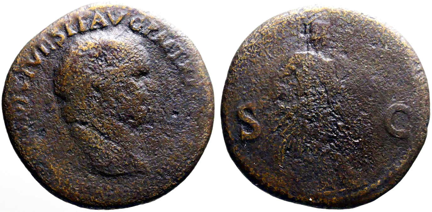 Vespasian AE35 Sestertius. Mars advancing right, holding spear and trophy