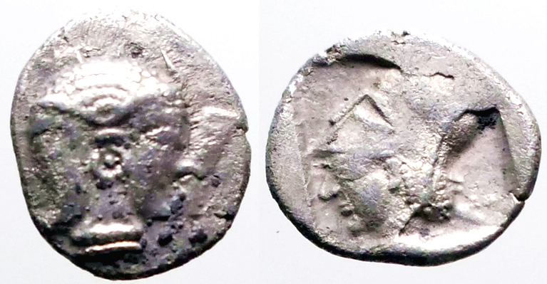Mysia, Lampsakos AR9 Obol. Janiform female / Helmeted Athena | Greek Coins