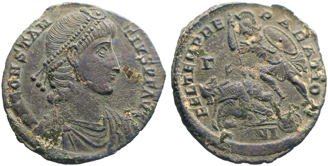 Constantius II AE23 Follis. Roman soldier spearing fallen enemy rider
