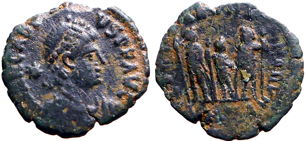 Arcadius AE15 Arcadius, Theodosius and Honorius standing facing, each w ...