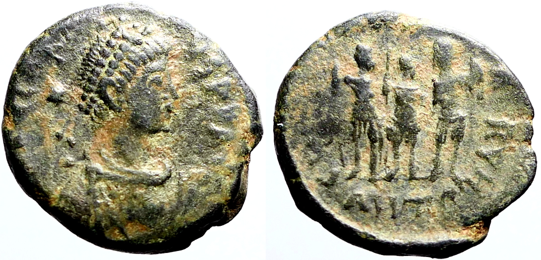 Arcadius AE14 Arcadius, Theodosius and Honorius standing facing, each w ...