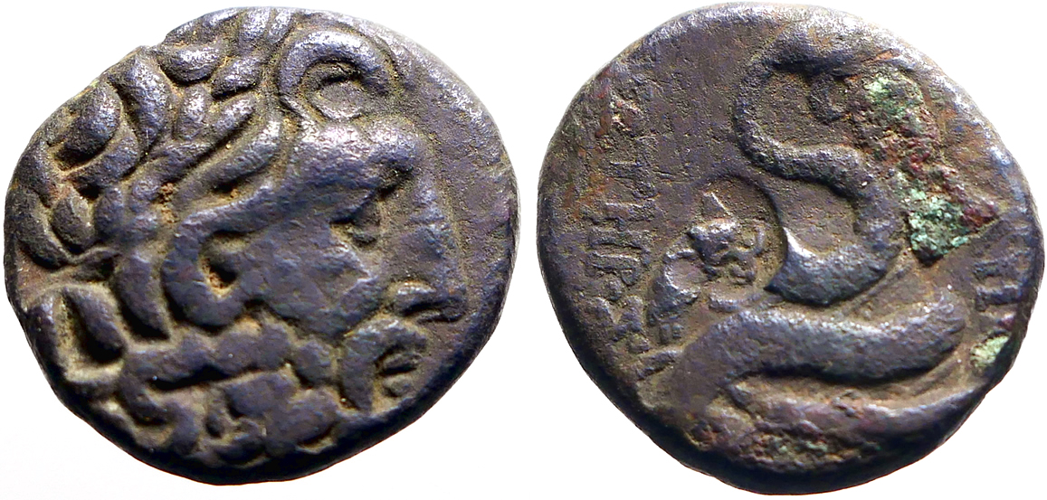 Mysia, Pergamon AE19 Asklepios / Serpent coiled on omphalos. Owl ...