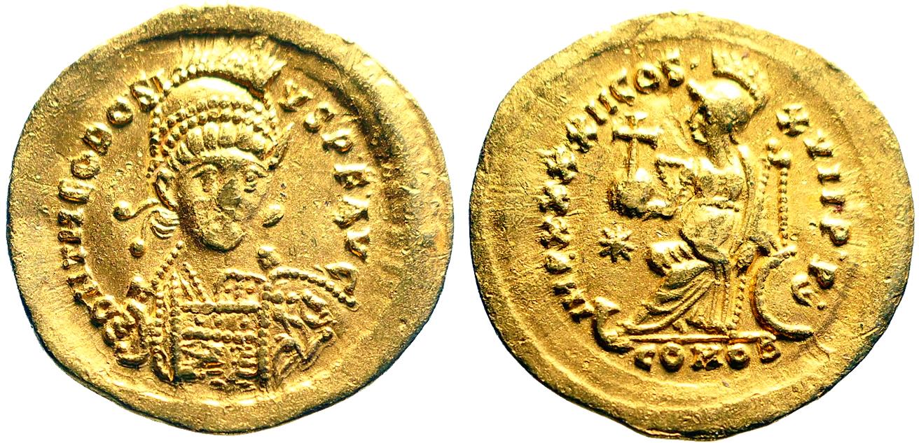 Theodosius II AV22 gold Solidus. Constantinopolis seated to left ...