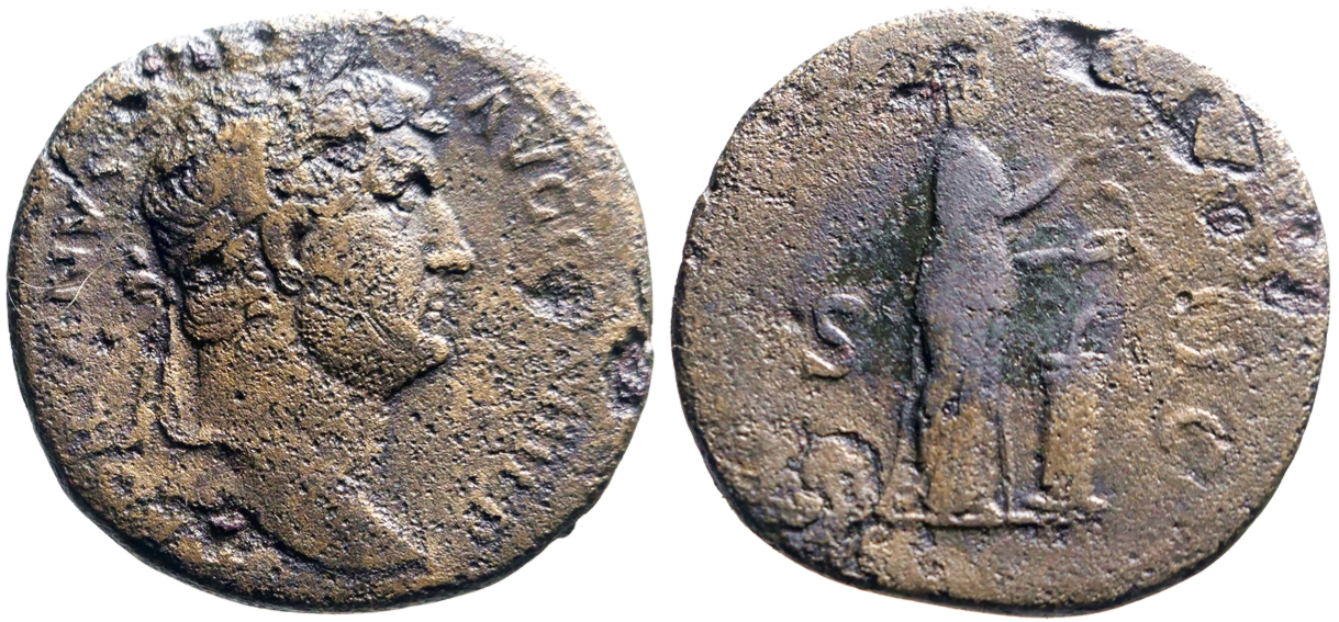 Hadrian AE29 Sestertius. Salus feeding serpent | Roman Imperial Coins