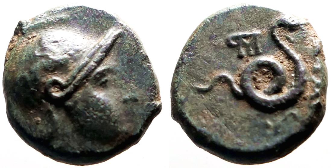 Mysia, Pergamon. King Philetairos AE13 Athena / Serpent rising