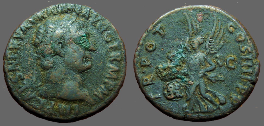 Trajan AE27 as. Winged Victory adv. globe w. SPQR | Roman Imperial Coins