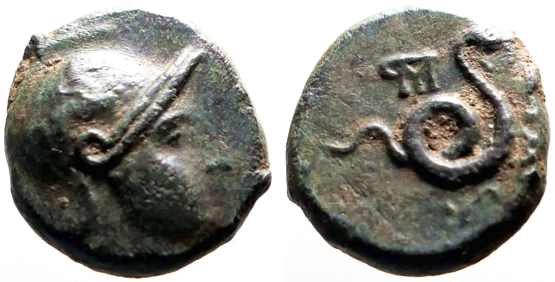 Mysia, Pergamon. King Philetairos AE13 Athena / Serpent rising