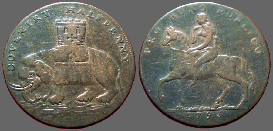 Great Britain Coventry AE28 half penny. Lady Godiva / Castle on Elephant