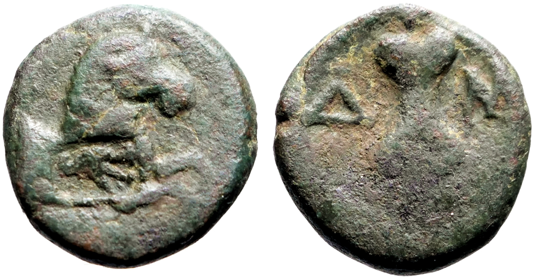 Pamphylia, Aspendus AE16 Forepart horse w. eagle countermark / Sling