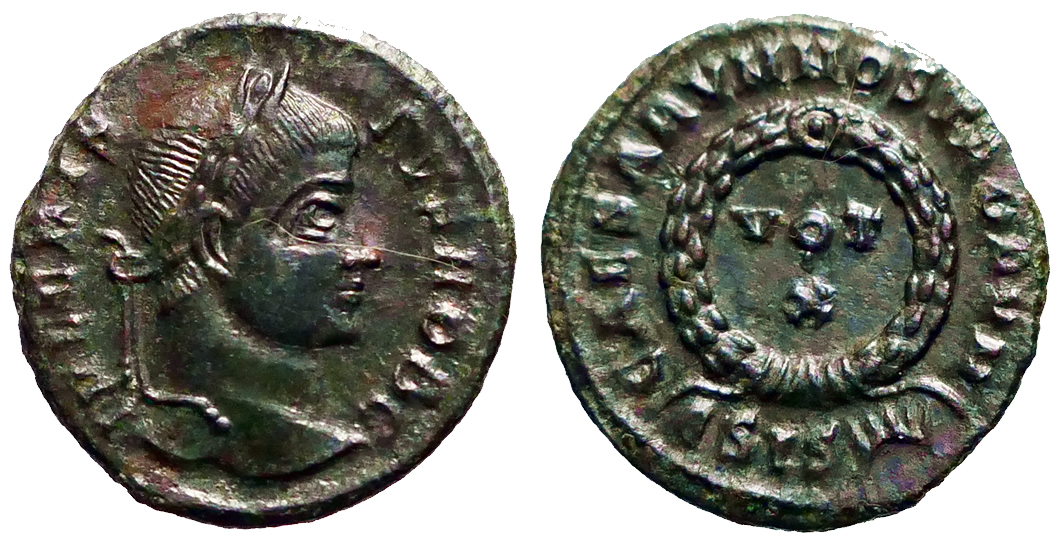Crispus as Caesar AE3 VOT • X in wreath. Siscia | Roman Imperial Coins