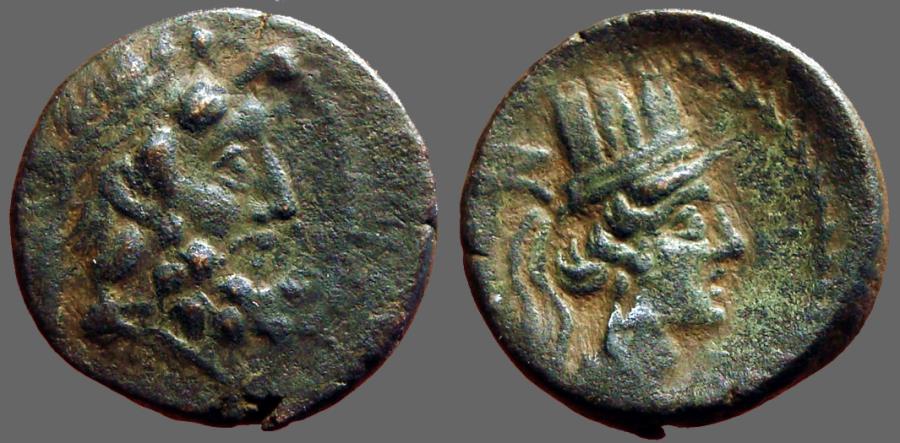 Zeus & turreted Tyche w. flowing veil AE19 | Greek Coins