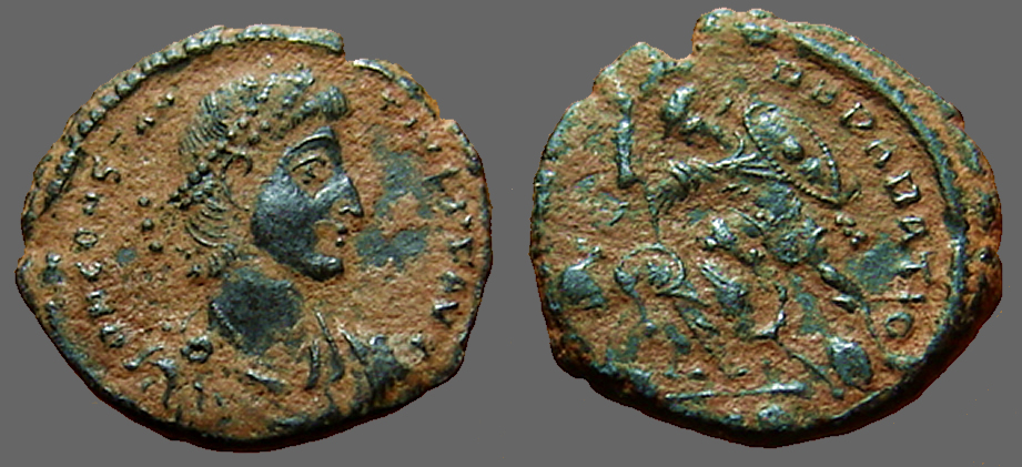 Constantius II AE3 soldier spearing fallen horseman left | Roman ...