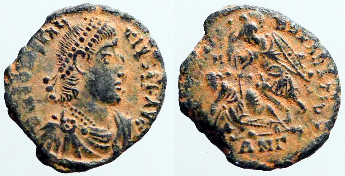 Constantius II AE3 soldier spearing fallen horseman left. Antioch