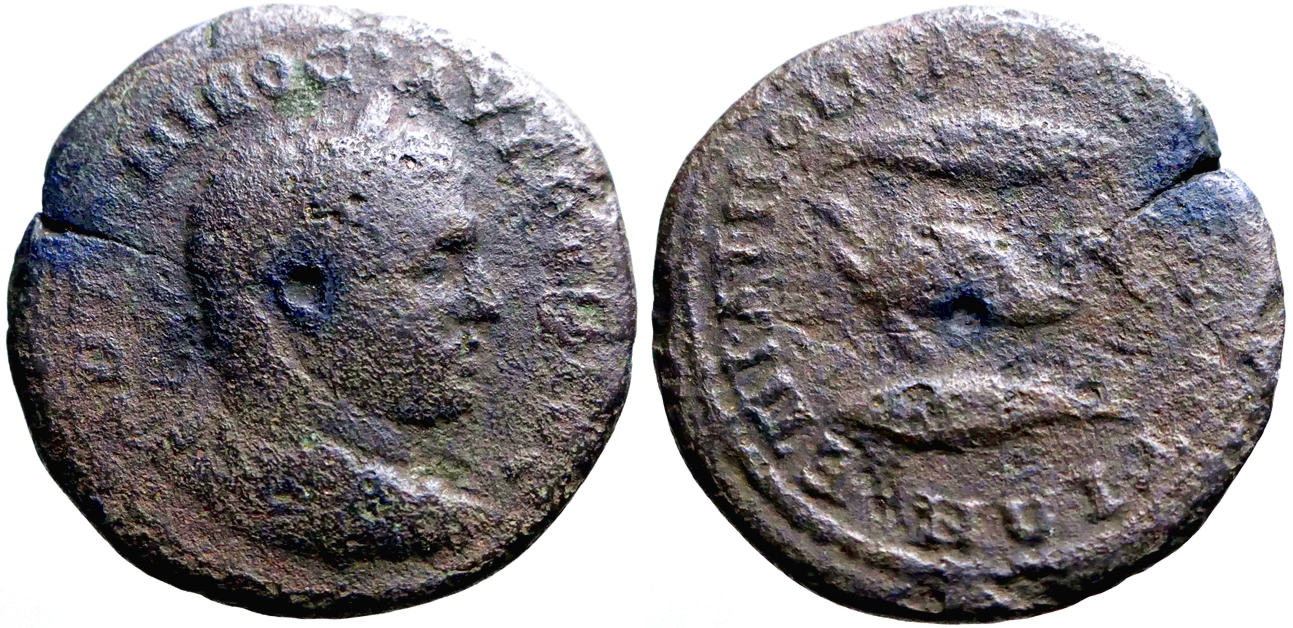 Caracalla AE27 Byzantion, Thrace, Dolphin & tunny fish | Roman Imperial ...