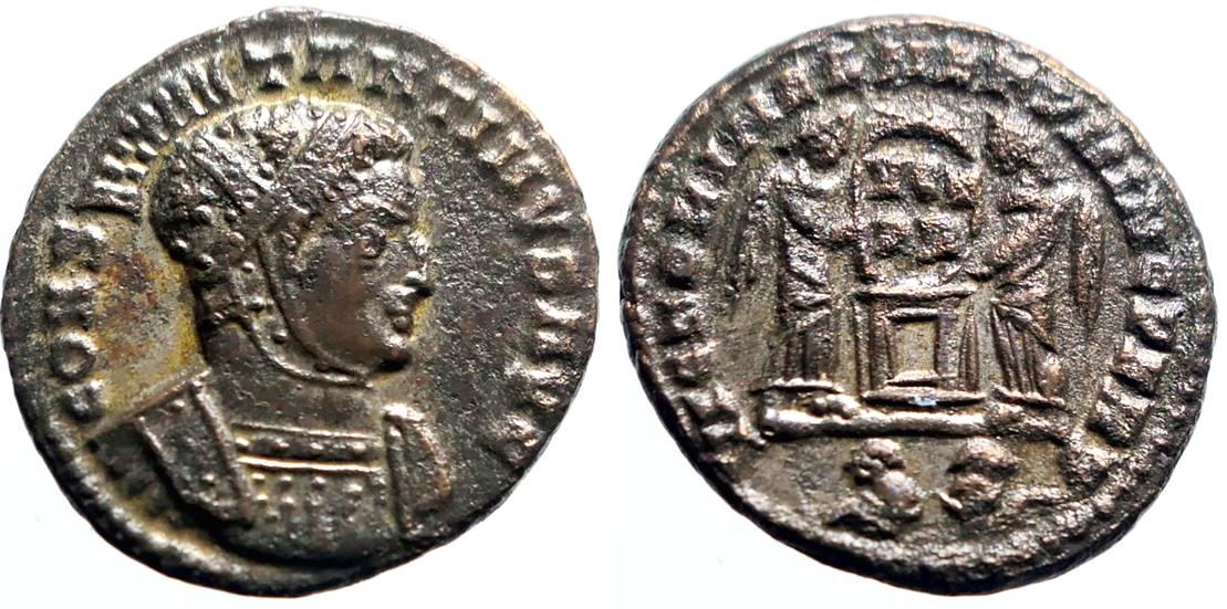 Constantine the Great AE18 Victories with inscribed shield. Lugdunum