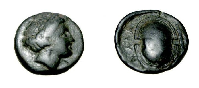 Attica Salamis 350-318 BC AE15 Head of Nymph rev shield S-2578
