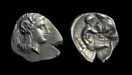 CALABRIA, Taras. AR Diobol (1.16g), c. 380-325 BC. | Greek Coins