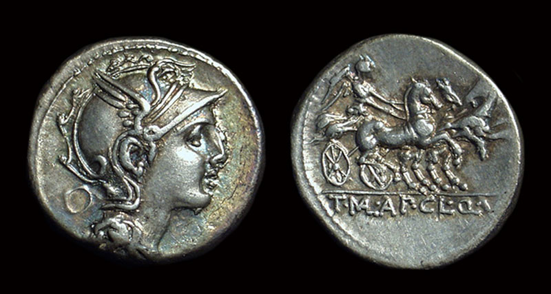 Appius Claudius Pulcher, et. al. AR Denarius (3.87g), c. 111-110 BC.