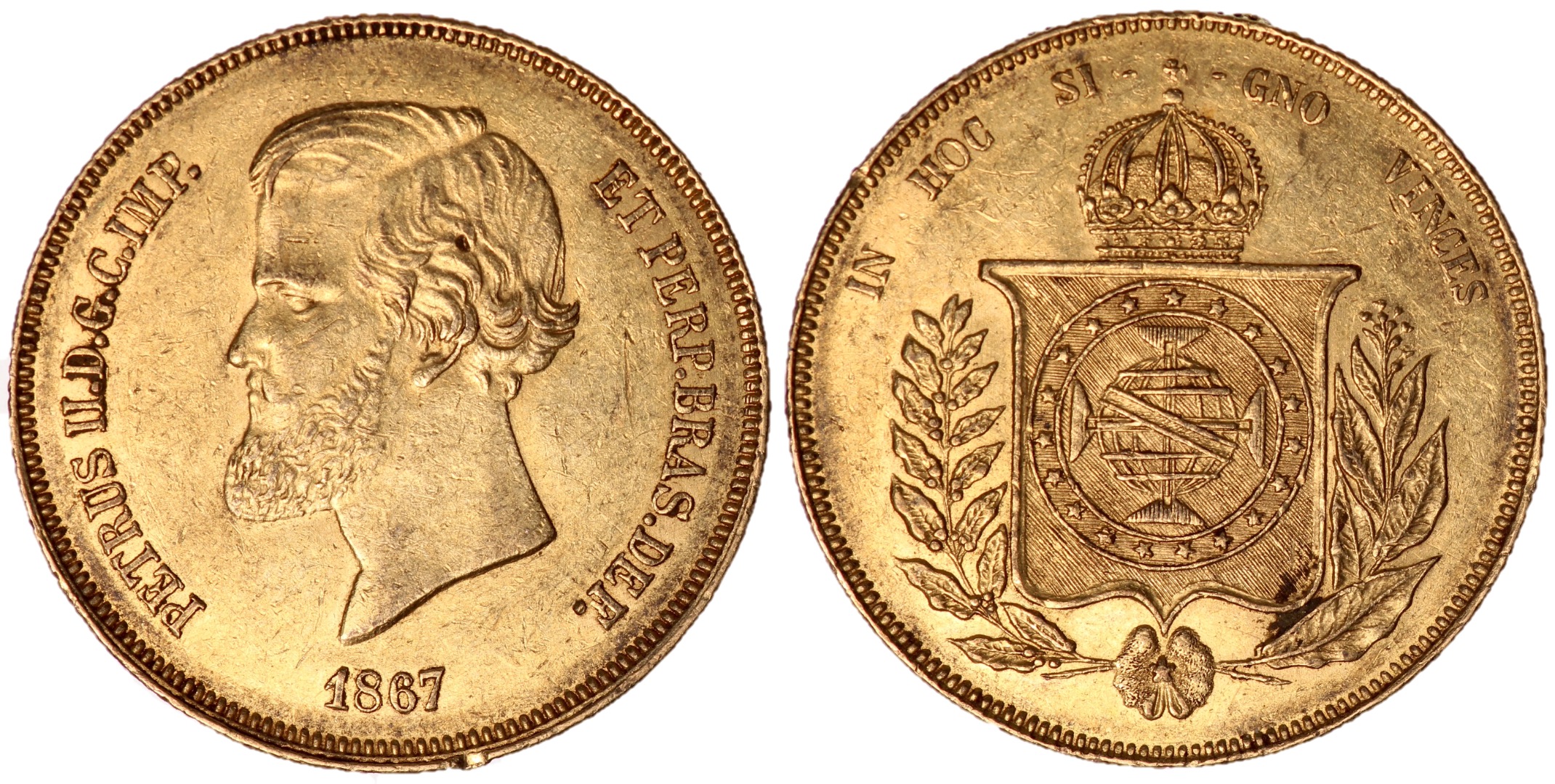 Brazil, Peter The Magnanimous, 1867 Gold 20,000 Reis | South American Coins