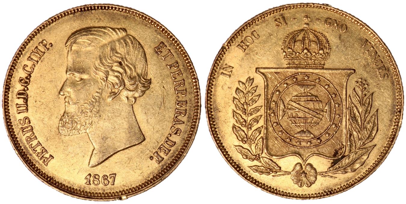 Brazil, Peter The Magnanimous, 1867 Gold 20,000 Reis | South American Coins