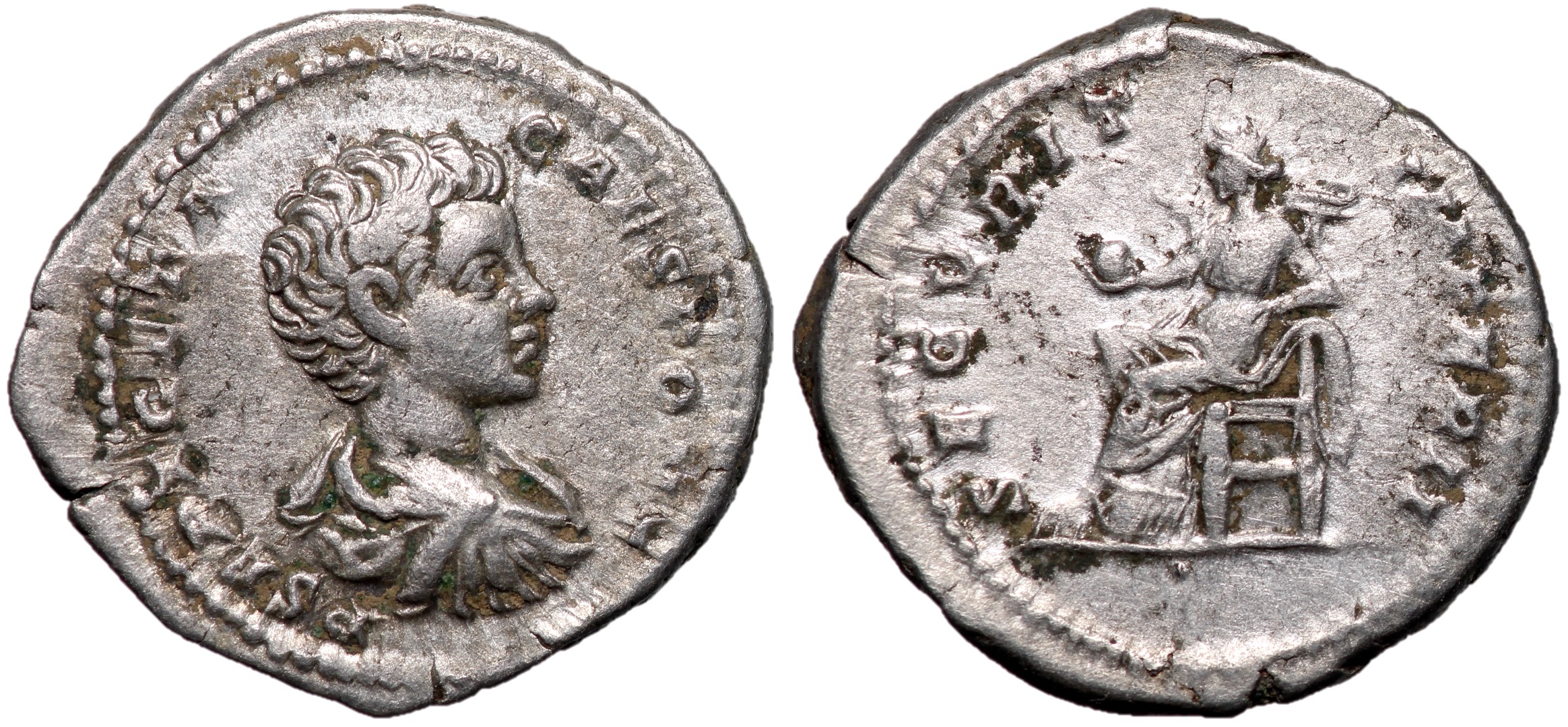 Geta, as Caesar, 198 - 209 AD, Silver Denarius with Securitas