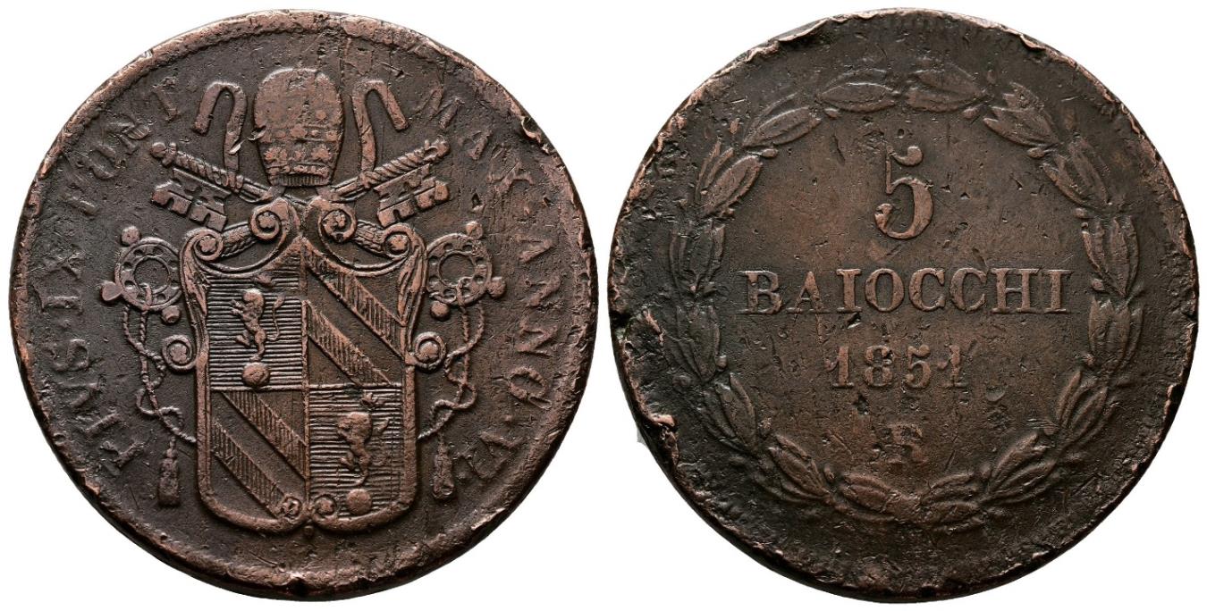 Papal States, Pius IX, 1854 5 Baiocchi, 40mm | European Coins