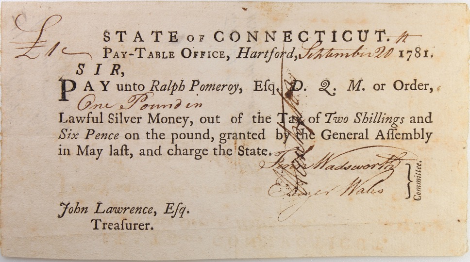 Revolutionary War, Connecticut 1781 Payment 1 Pound | US Paper Money