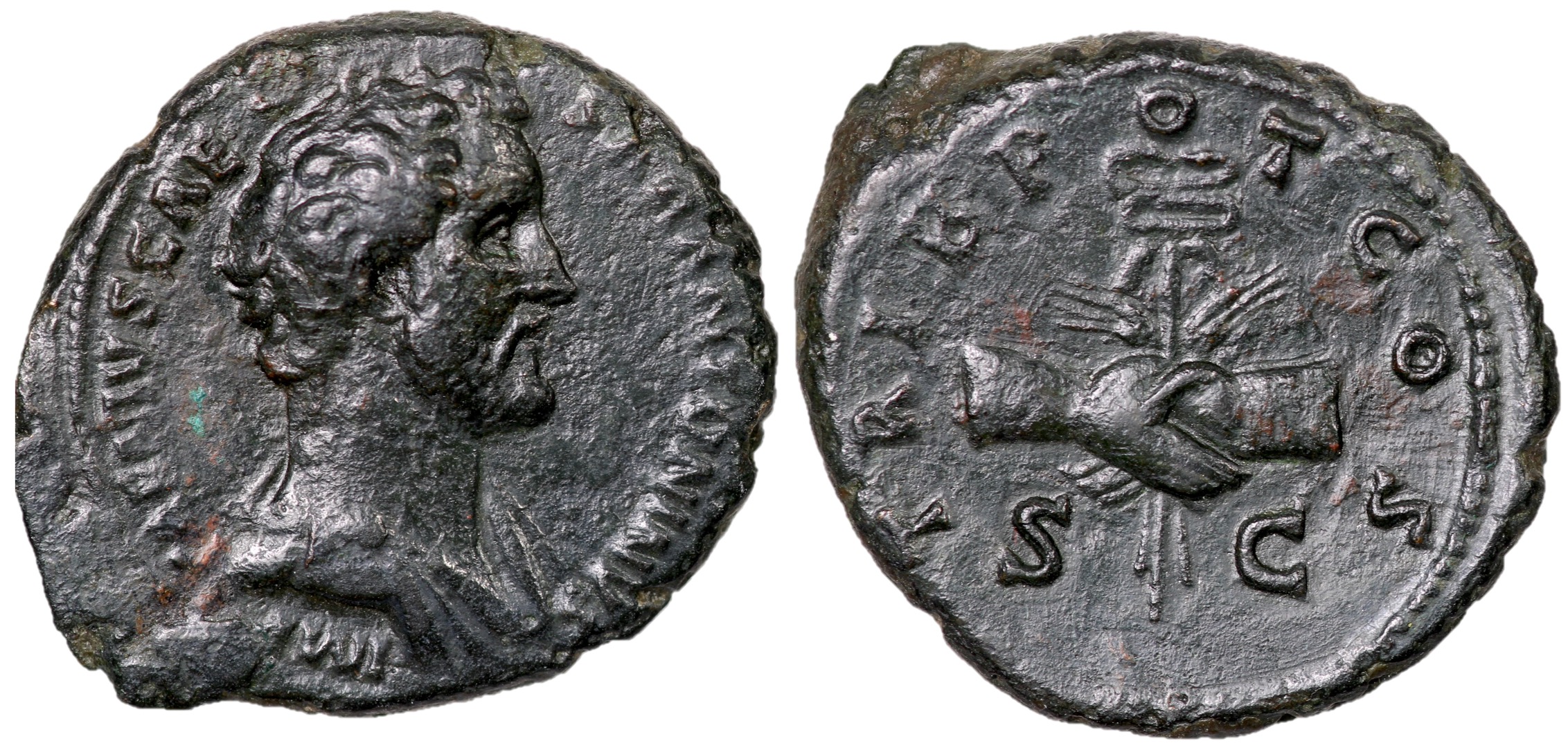 Antoninus Pius, as Caesar, 138 AD, AE As, Clasped Hands & Caduceus