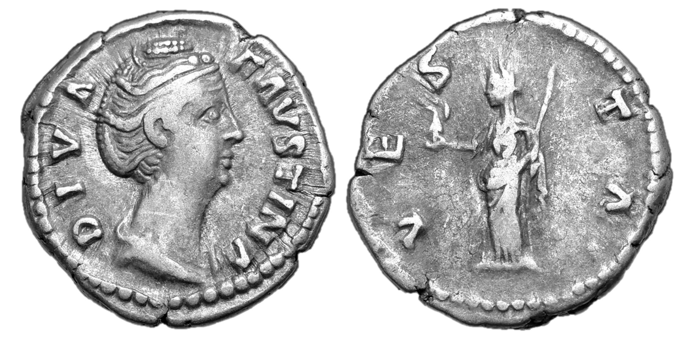 Diva Faustina Sr., after 141 AD, Silver Denarius with Vesta | Roman ...