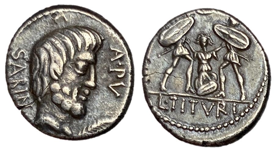 L. Titurius L.f. Sabinus, 89 BC, Silver Denarius, Tarpeia Brutally Executed