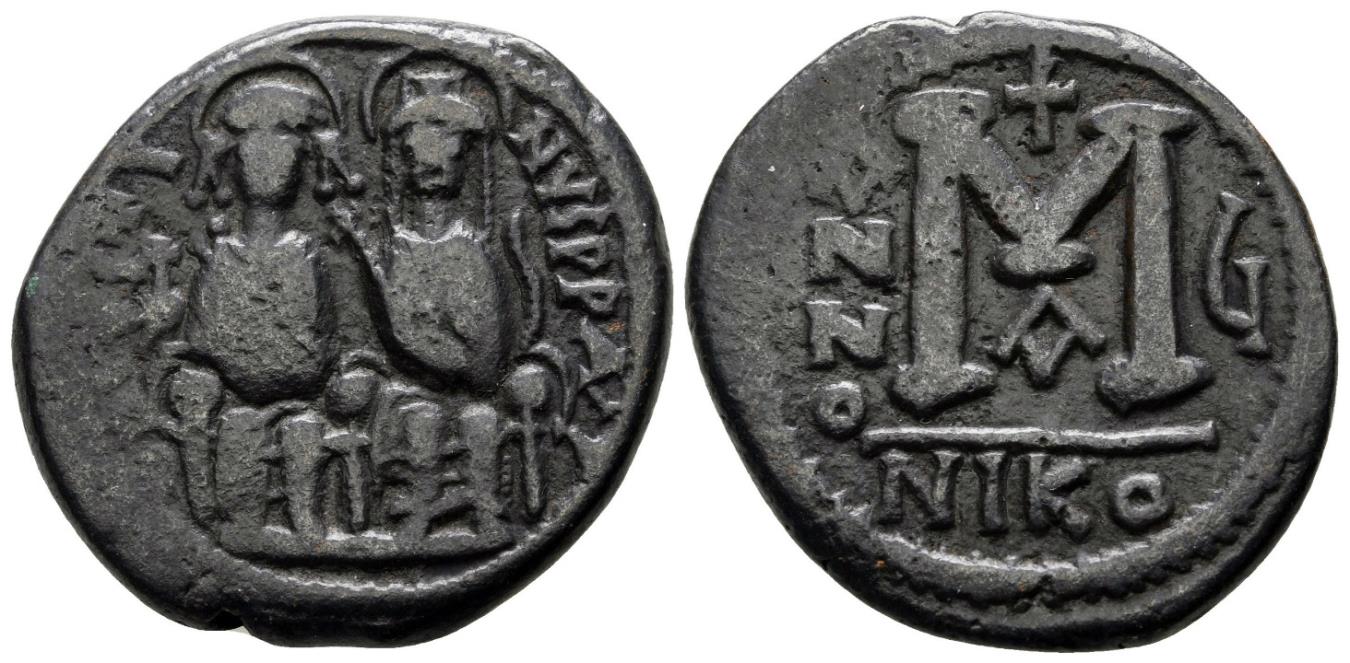 Justin II with Sophia, 565 - 578 AD, Follis of Nicomedia | Byzantine Coins