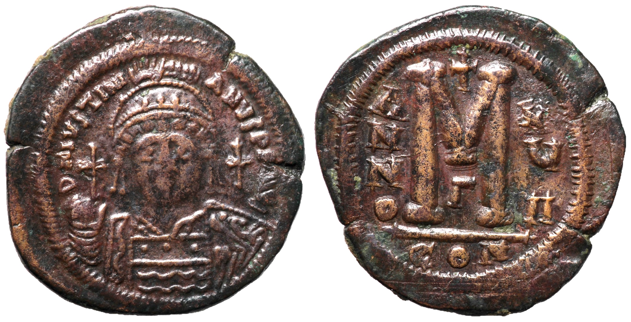 Justinian I, 527 - 565 AD, Follis of Constantinople, 36mm | Byzantine Coins