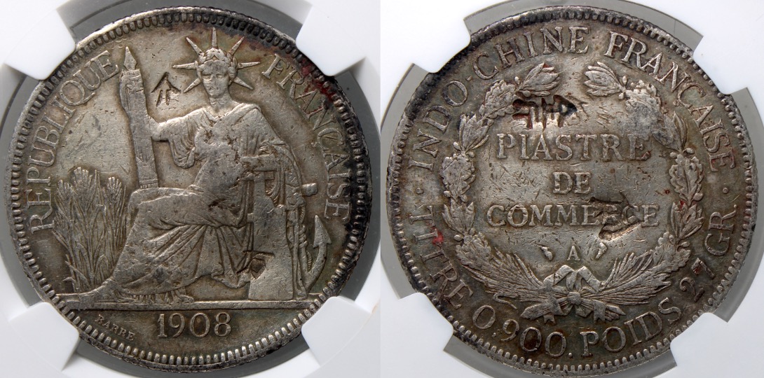 French Indo-China, 1908 A Piastre, NGC Chopmarked | Asian and Middle ...
