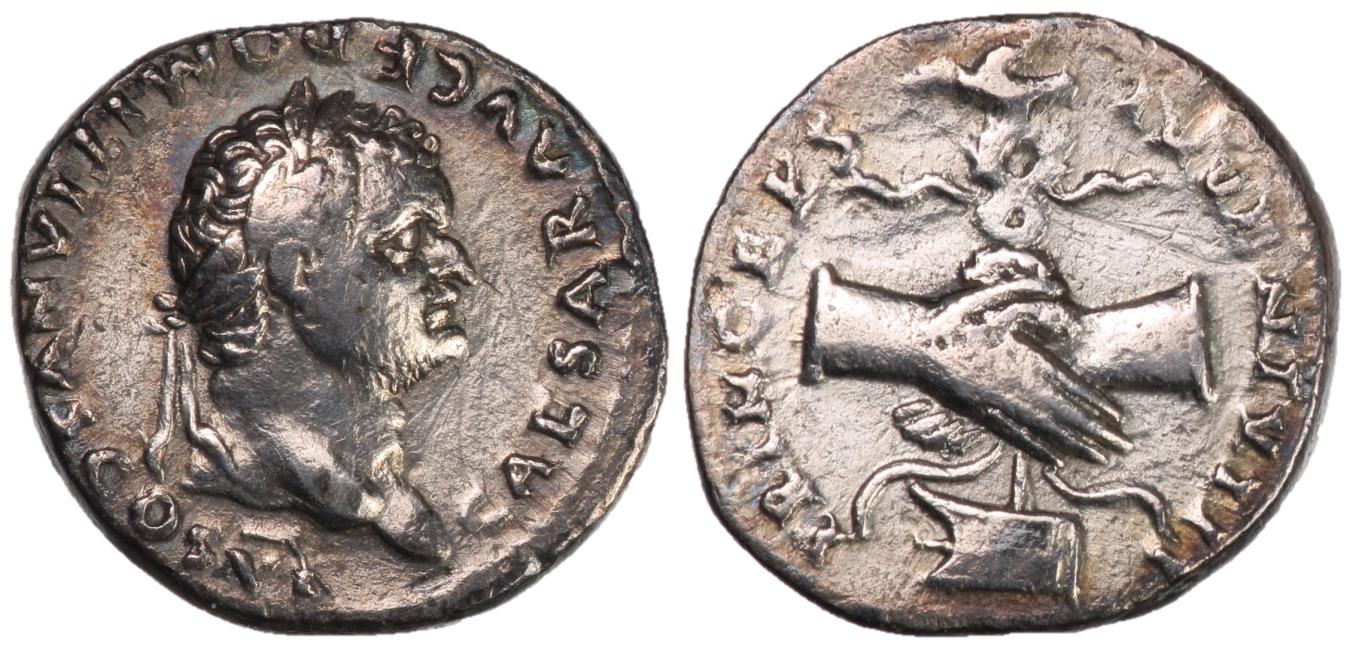 Domitian, as Caesar, 69 - 81 AD, Silver Denarius, Clasped Hands