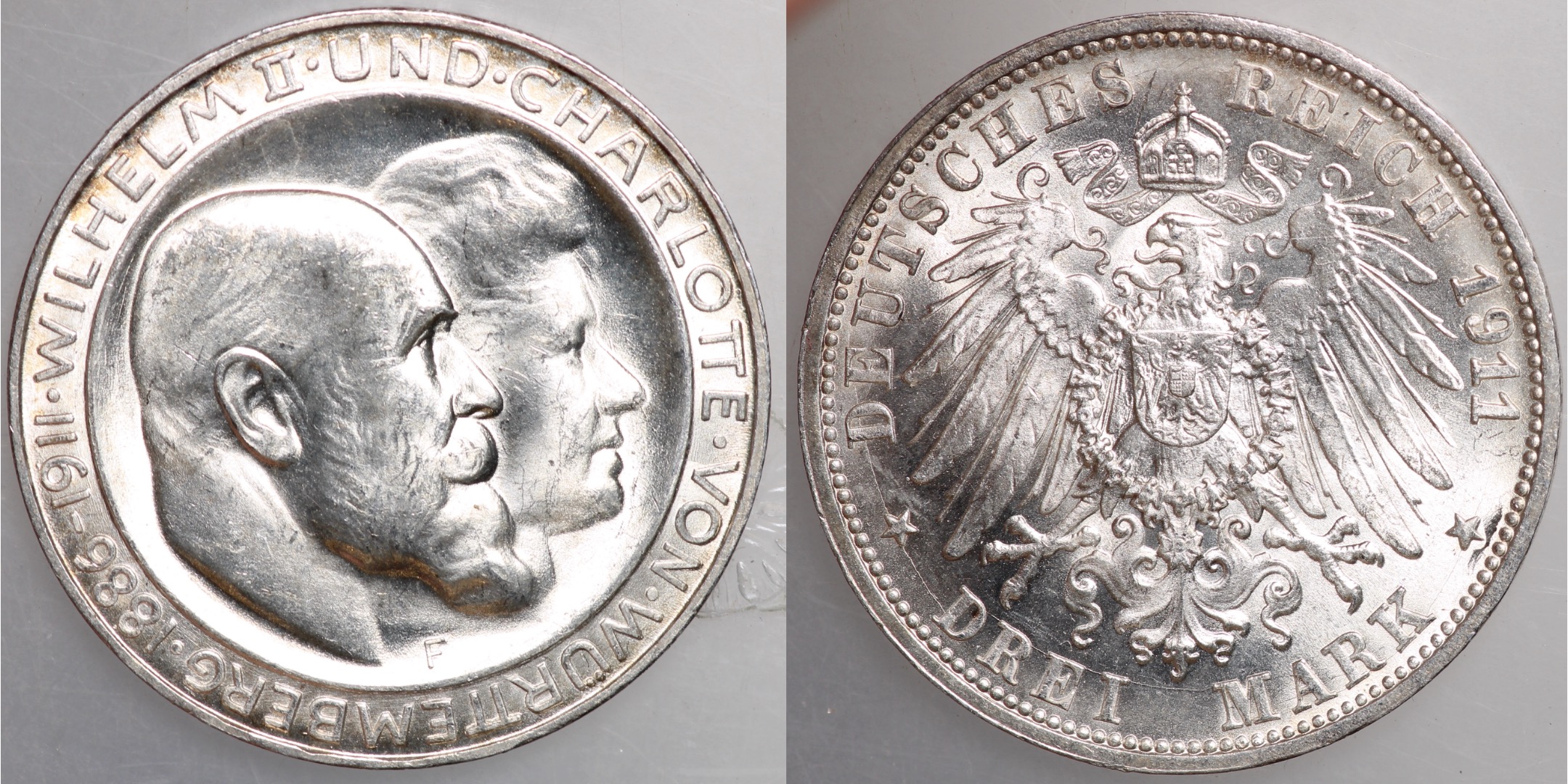 German States, Kingdom of Wurttemberg, 1911 Silver 3 Marks, 33mm, UNC