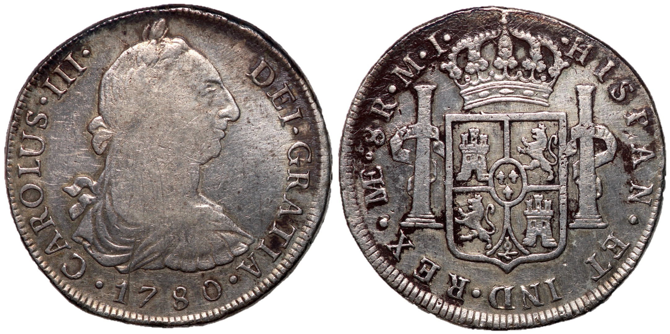 Peru, Colony of Spain, Carlos III, 1780 MI Silver 8 Reales, 41mm