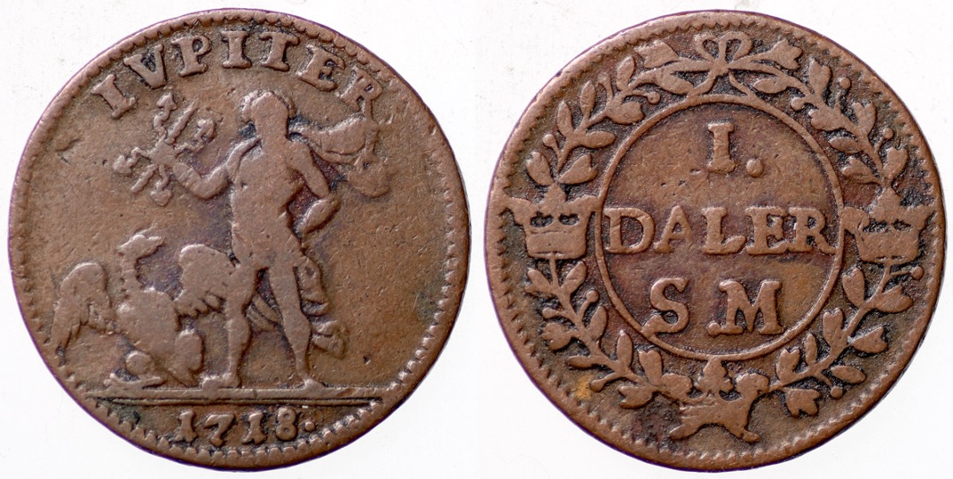 Sweden, Charles XII, 1718 Daler, Emergency Issue with Jupiter