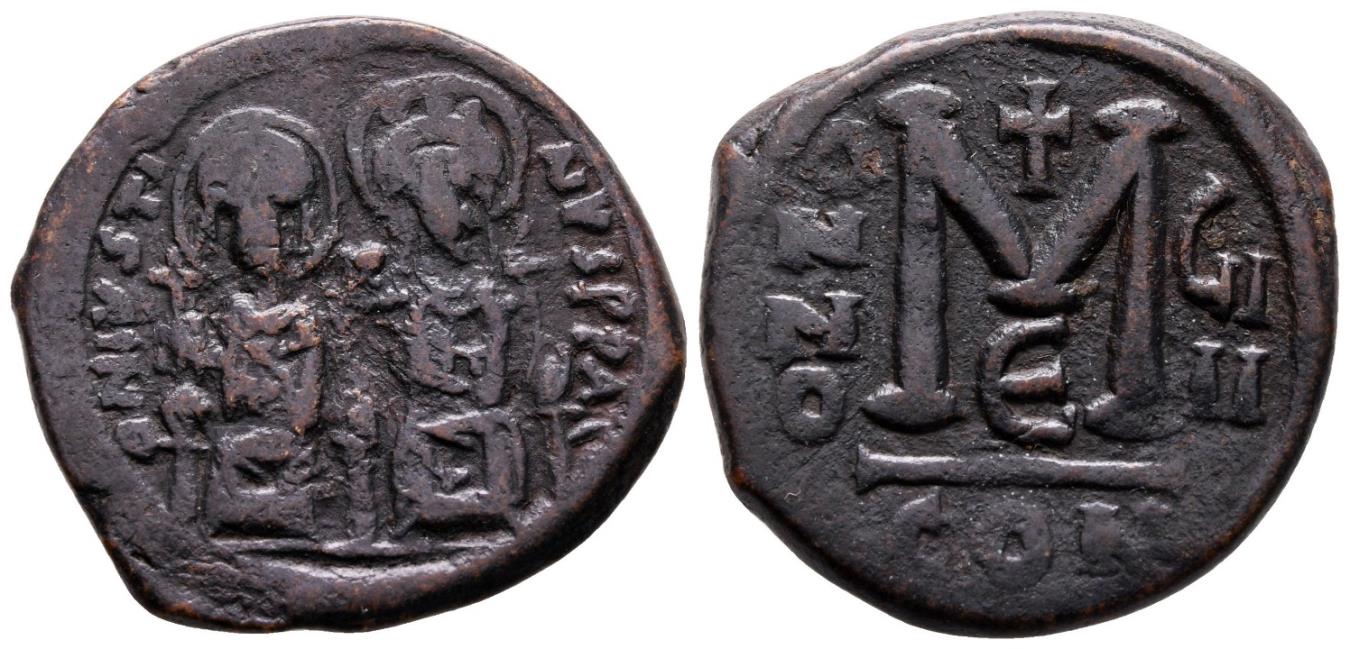 Justin II with Sophia, 565 - 578 AD, Follis of Constantinople