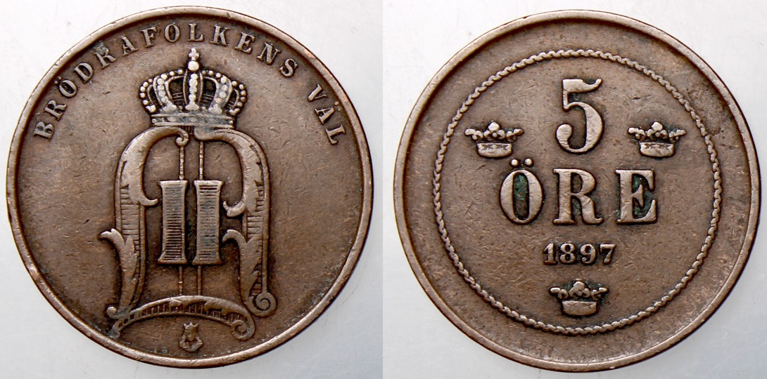 Sweden, Oscar II, 1897 5 Ore | European Coins