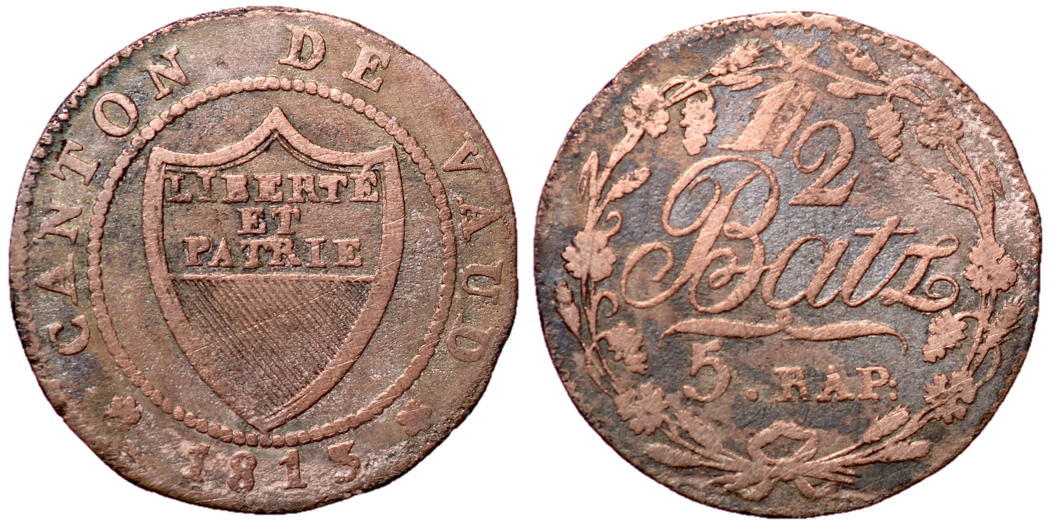 Swiss Cantons, Vaud, 1815 Half Batzen | European Coins